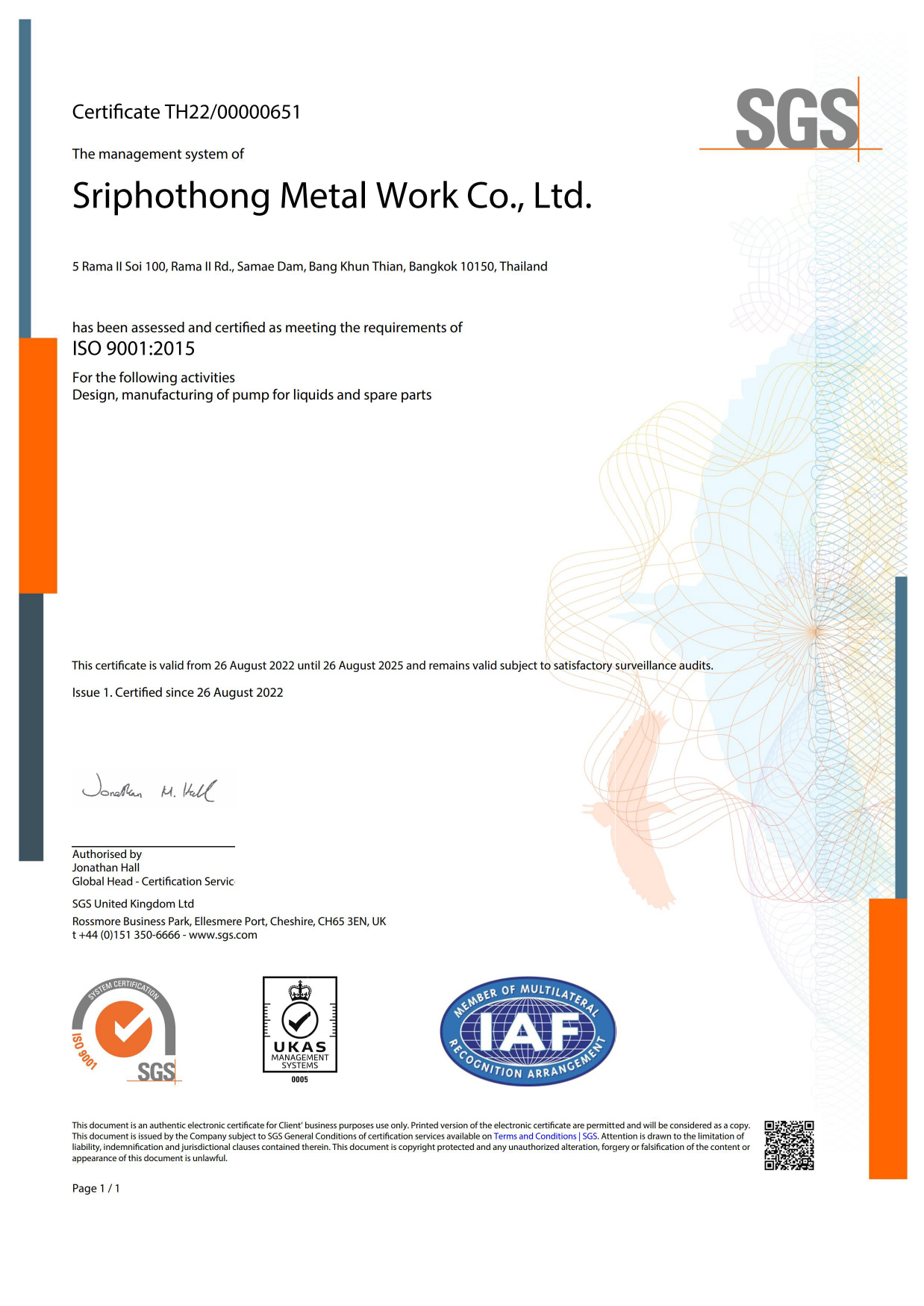 UKAS Certificate ISO 9001 - SRIPHOTHONG METAL WORK CO.,LTD